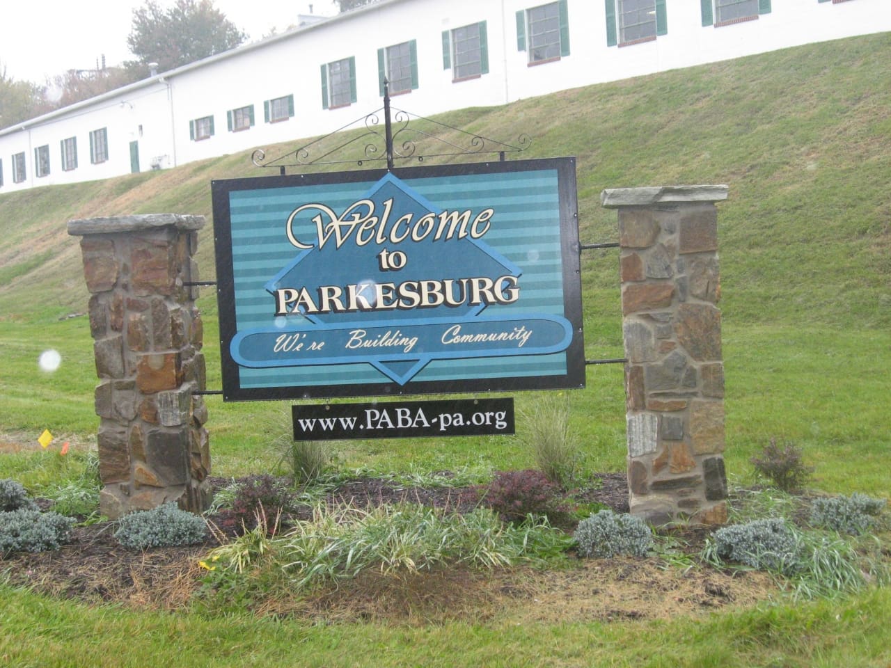 Parkesburg Welcome Sign with Brandywine Fieldstone Columns