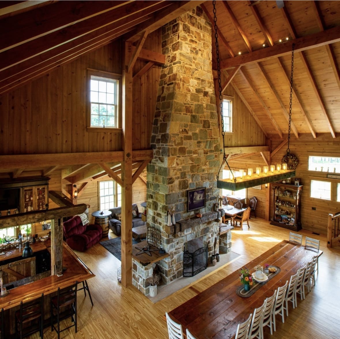 Grand Barn-Style Great Room with Towering Stone Fireplace